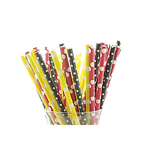 Mickey Mouse Inspired Straws (25 Pack) - Red, Yellow, and Black Polka Dot Straws