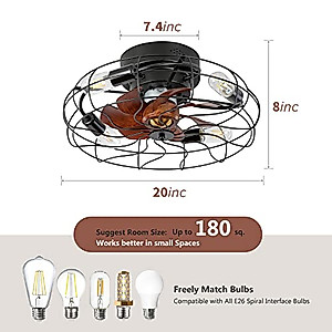 Cluelyhoo 20” Low Profile Caged Ceiling Fan with Lights, Bladeless Ceiling Fan with Light, Remote Ceiling Fan with Lights, Black Flash Mount Ceiling Fan