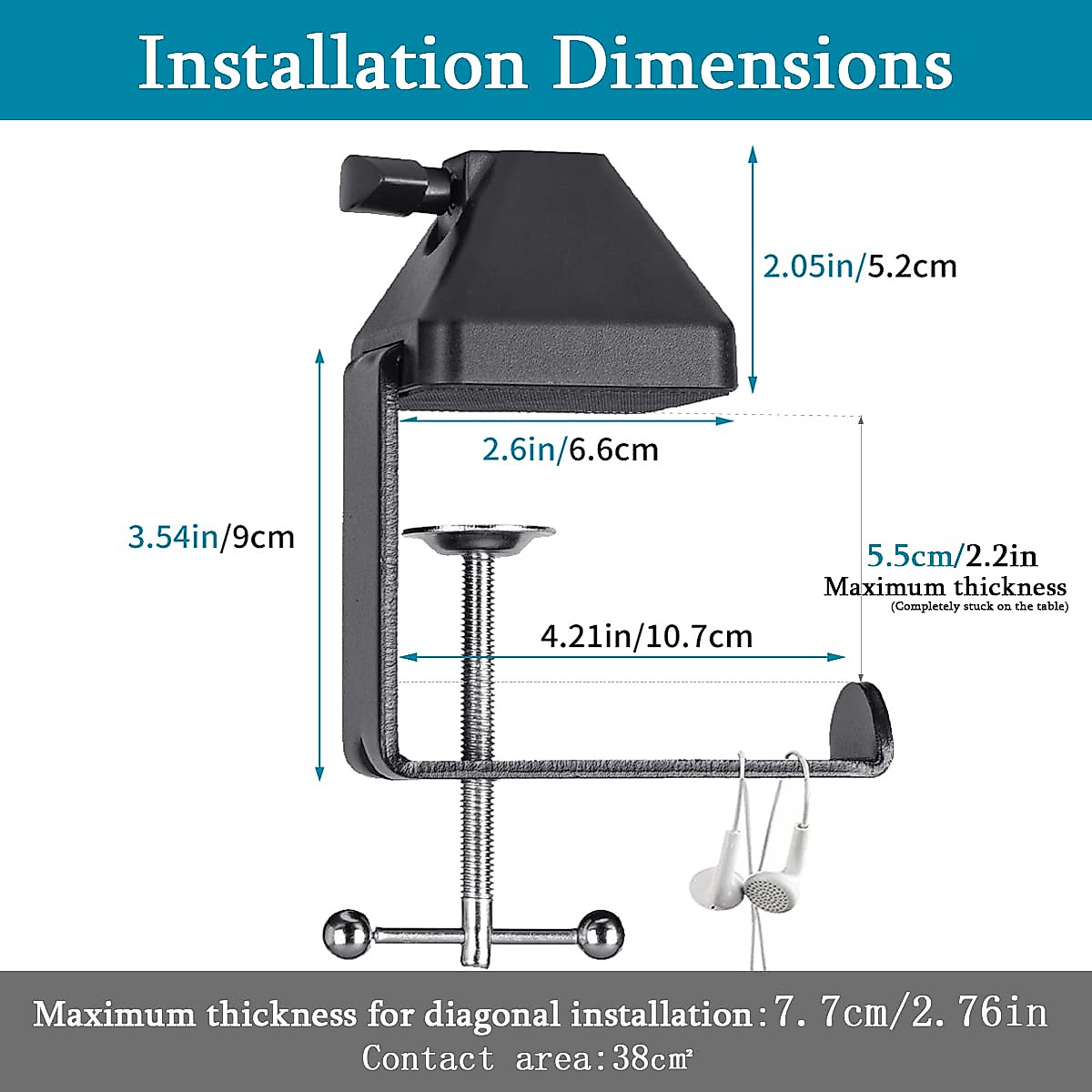 novonest Heavy-duty Metal Table Mounting Clamp,Black Large-area Contact Base for Microphone Suspension Boom Scissor Arm Stand Holder,Max Clamping Thickness 2.75"/70mm,with Headset Hook Hanger,NB35-B