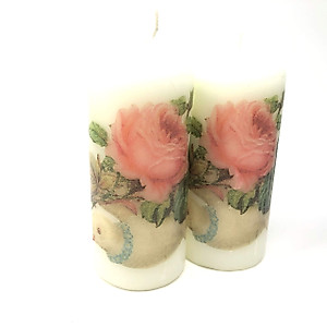 Valentine's day Dove and pink rose, handmade 2 pieces set Decoupage up cycle pillar candle 2 x 4 inches tall white unscented centerpiece, hand decorated