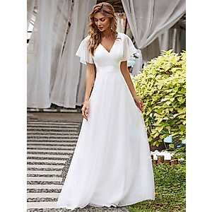 Ever-Pretty Women's Mother of Bride Dress Double V-Neck Empire Waist Front Wrap Tulle Bridesmaid Dress White US4