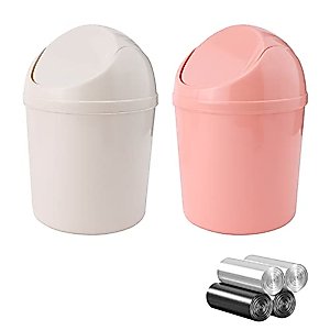 SITAKE 2 Pcs Plastic Mini Wastebasket Trash Can with Swing Lid with 120 Trash Bags, Tiny Desktop Waste Garbage Bin for Home, Office, Kitchen, Vanity Tabletop, Bedroom, Bathroom (Pink + Beige)