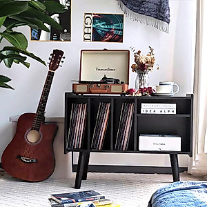 Record Player Stand with Vinyl Storage Holds Up to 300lb, Large Record Player Table Cabinet for Album Storage with Holder Vinyl Display Shelf, Wood Turntable Stand for Bedroom Living Room (Black)
