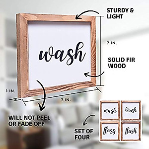 Athena's Elements Farmhouse Bathroom Wall Decor Wash, Brush, Floss, Flush Sign Modern Rustic Style Home Decoration Solid Wood Frame 32 x 7 inches or 15 x 15 inches (Set of 4)