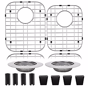 ARLBA 2Pack 304 Stainless Steel Sink Protector for Double Kitchen Sink Rear Drain,(13"x16"& 11.26"x14.5") Metal Sink Grid Sink Grate Sink Rack for Bottom of Kitchen Sink w/Sink Strainers Rubber feet