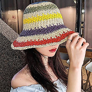 Minache Foldable Wide Brim Colorful Crochet Straw Hat Outdoor Sun Visor Hat UPF 50+ Summer for Women Girl, Creamy White