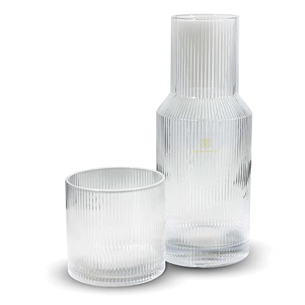 Bruno Magli Ribbed Carafe | 2-Pc Set | Drinking Glass Tumbler Doubles as a Lid | Elegant Nightstand Water Pitcher with Matching Cup for Office, Home, & Guest Room Décor | Gift Boxed (Clear)