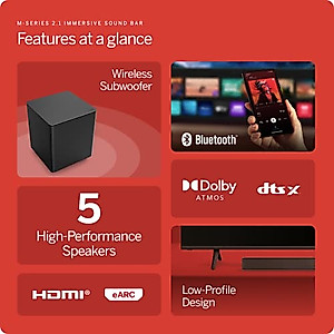 VIZIO M-Series 2.1 Immersive Sound Bar with 5 High-Performance Speakers, Dolby Atmos, DTS:X, Wireless Subwoofer and Alexa Compatibility, M215aw-K6, 2023 Model