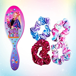 LUV HER Nickelodeon Jojo Siwa Hair Brush & 4 Scrunchies - Girls 9inc Hair Set, Detangling Brush for Thick Curly Thin Wet or Dry Hair - Hair Accessories for Kids Ages 3+