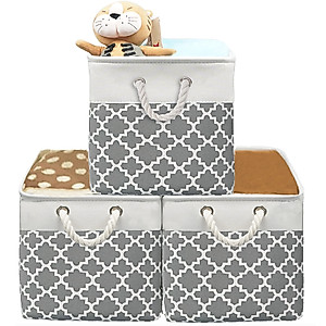 Cozyaver Storage Baskets for Shelves, 13'' x 13'' x 13'' Cube Organizing Closet Nursery Toy Decorative Linen Fabric Organizers with Cotton Handles, 3 Pack Grey Clover