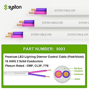 Syston Cable Technology 16/2 LED Lighting Dimmer Dimming Luminaire Control Wire Cable,16 AWG 2 Conductors Solid Bare Copper Unshielded Plenum Rated CMP CL3P FT6, for Ballast Wiring and Connection