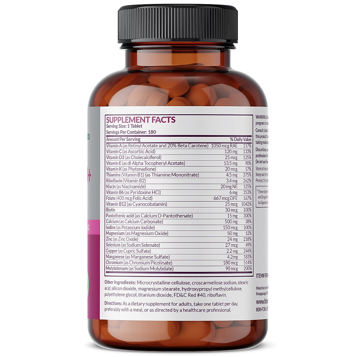 Futurebiotics Women's 50+ Multivitamin Once Daily Multivitamin for Active Women Over 50, NON-GMO, 180 Tablets