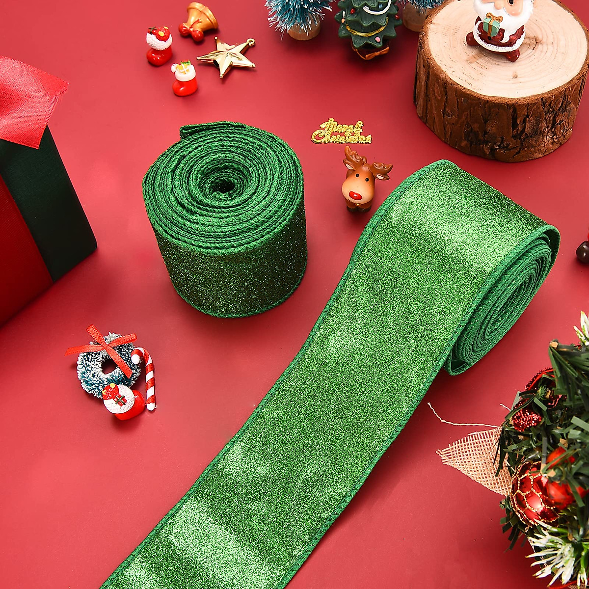 2 Rolls St. Patrick's Day Green Glitter Ribbon for Gift Wrapping, Green Shiny Curling Wired Edge Ribbon for Christmas Tree Wreath DIY Crafts Home Party Holiday Decoration, 2.5" x 10 Yd x 2 / Green
