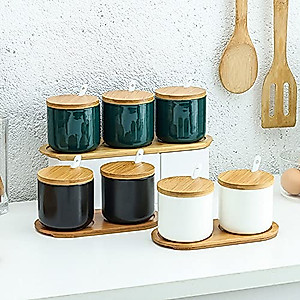 RockTrend Simple Pure Color Ceramic Spice Jar Seasoning Box Condiment Pot Sugar Bowl with Bamboo Lid and Spoon