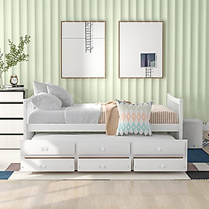 Bellemave Full Daybed with Trundle and Storage Drawers Wood Full Size Bed Frame with 3 Drawers Wooden Platform Beds for Kids Boys Girls Teens, White