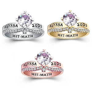 JNJ Women's Class Ring, personalized for high school and college graduates, Sterling Silver, Birthstone Class Ring, Crown Style, Fashion collection-Jour Nouveau Jewelry (Platinum)