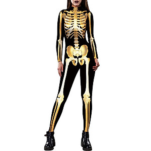uideazone Halloween Costume for Women Golden Skeleton Skull Cosplay Jumpsuit Bodysuit Long Sleeve Skinny Outfits