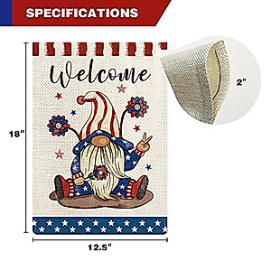 YOVOYOA Patriotic Gnomes Welcome Garden Flag, 12.5 x 18 Inch Double Sided American Star and Strip Floral Welcome Yard Flag, 4th of July USA Burlap Vertical Flag for Lawn Patio Decor