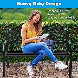 S AFSTAR Garden Bench, Metal Porch Bench for Park Garden Yard, Outdoor Patio Bench with Weather-Resistant Cast Iron Backrest and Welcome Pattern, Front Door Bench Park Bench for Outside (Black)