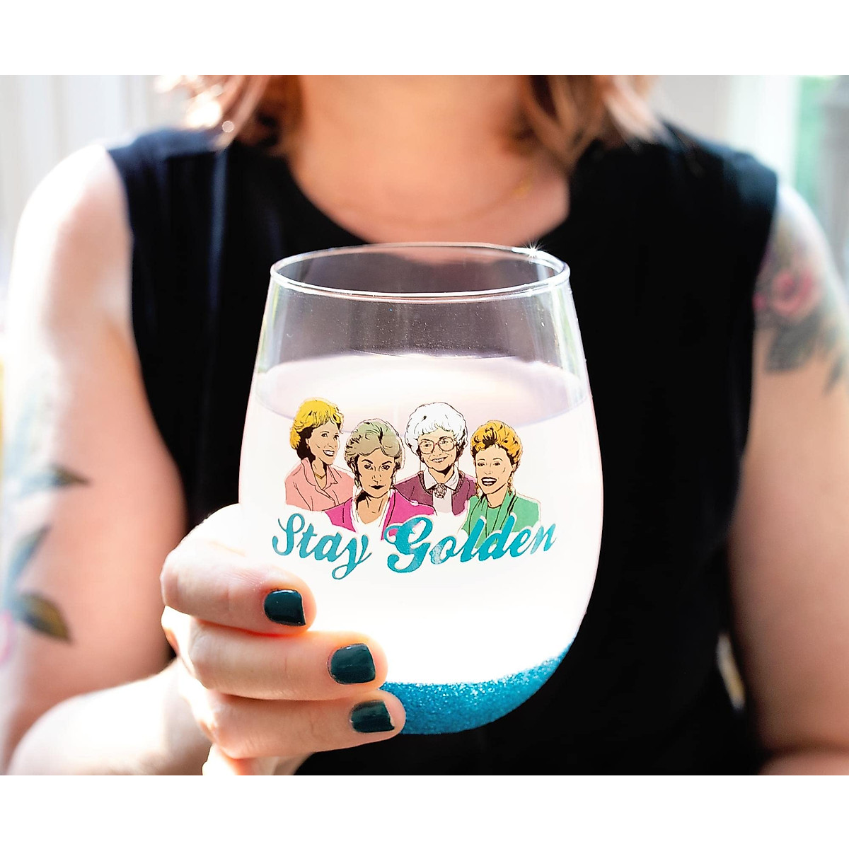 The Golden Girls "Stay Golden" Glitter Teardrop Stemless Wine Glass | Tumbler Cup For Mimosas, Cocktails | Holds 20 Ounces