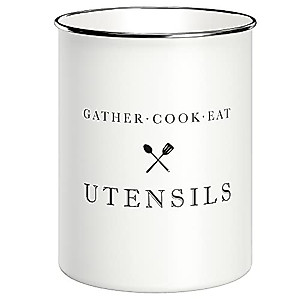 Barnyard Designs White Utensil Holder for Kitchen Countertop, Farmhouse Metal Utensil Crock, Rustic Country Decorative Kitchen Utensil Caddy Large, 5.5x6.75