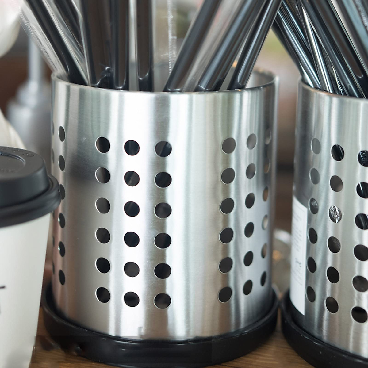 TOPZEA Set of 4 Kitchen Utensil Holder, Stainless Steel Cooking Utensil Organizer Kitchen Tools Flatware Holder Utensil Drying Cylinder Countertop Silverware Caddy