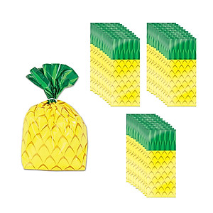 Beistle 75 Piece Tropical Treat Favor Bags - Luau Party Pineapple Cello Candy Bags With Twist Ties