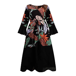 Dresses for Women 2023 Sexy Ladies Plus Size Ruffle Long Sleeve V Neck Floral Leaf Print Elastic Waist Drawstring Belt A