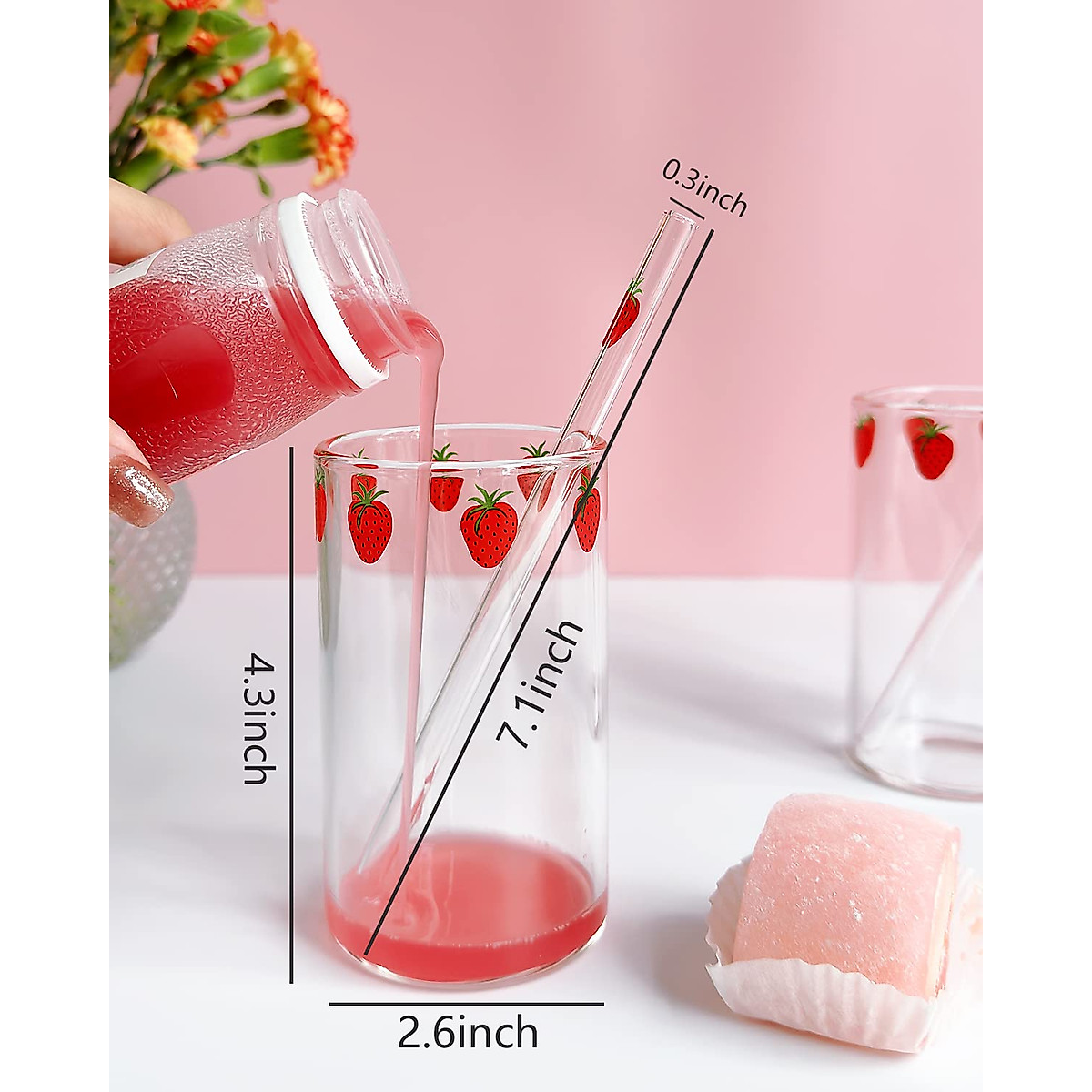 Kreapa strawberry cups 2 SetsCute glass strawberry cups 300ML straw glass cups, Cute strawberry pattern glass bottles for water milk tea, coffee juice tea cups （2pcs）