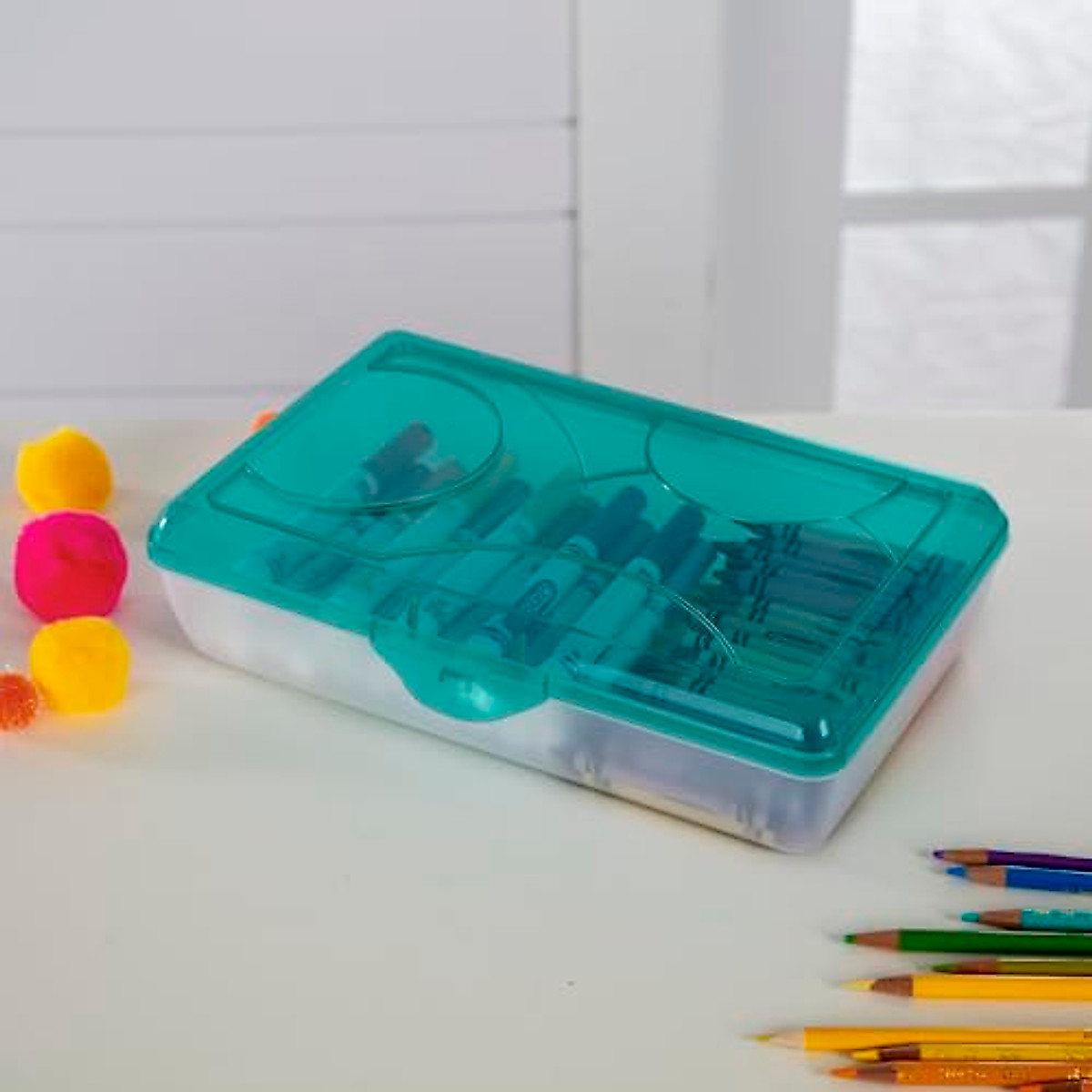 Sterilite Small Pencil Box, Stackable Plastic Small Storage Container with Lid, Organize Pens, Pencils, and Small Items, Molokai Blue Tint, 12-Pack