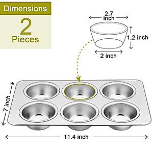 P&P CHEF Muffin Pan Cupcake Pans Set of 2, Stainless Steel Muffin Pans (6-Cups), For Mini Brownie Tart Quiches, Healthy & Durable, Quick Release & Easy Clean, Dishwasher Safe