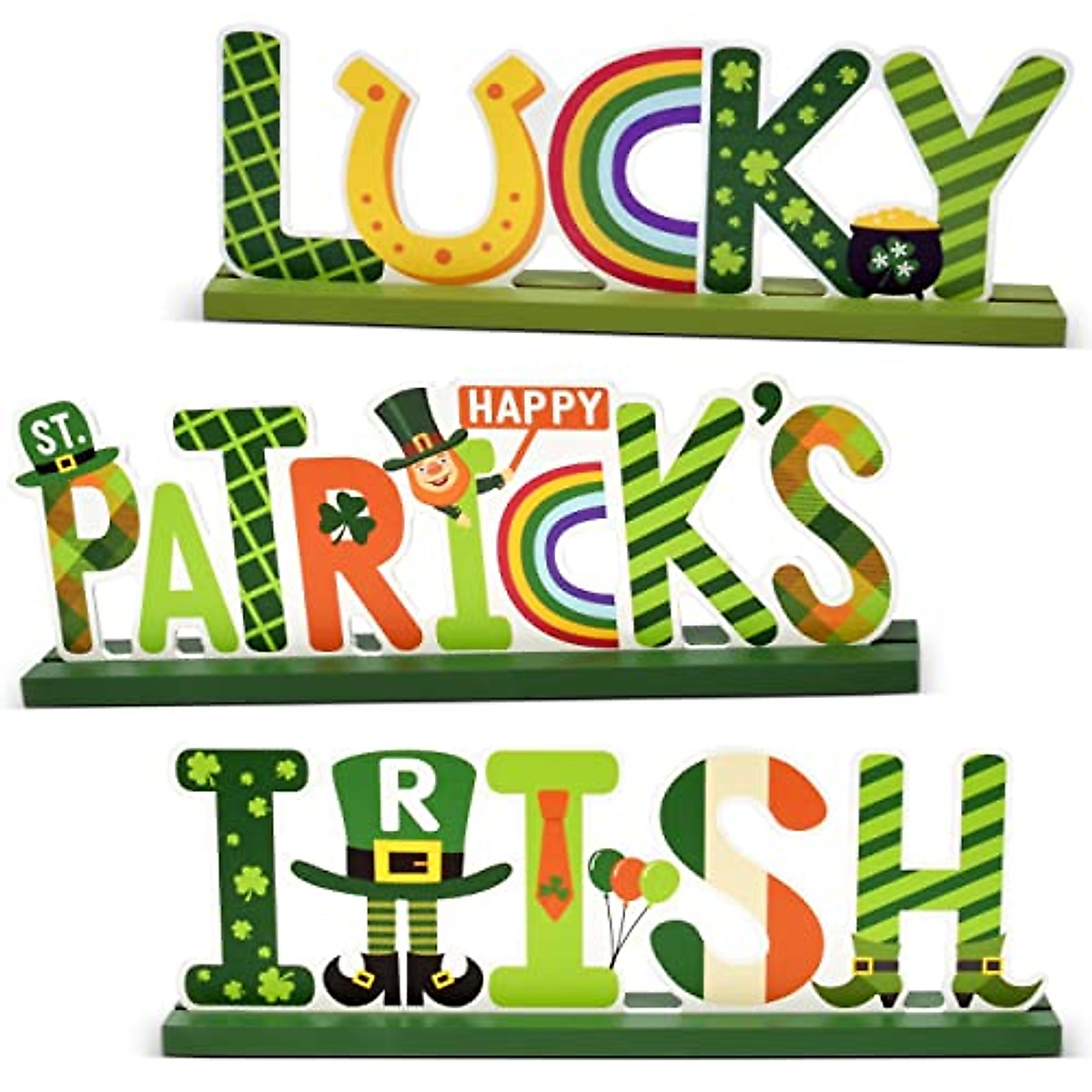 3 St Patrick's Day Wooden Table Decorations Centerpiece Green Shamrock Lucky Irish Tabletop Sign Saint Patrick Party Decor for Fireplace Mantle Shelf Office Desk Dining Room Kitchen & Home