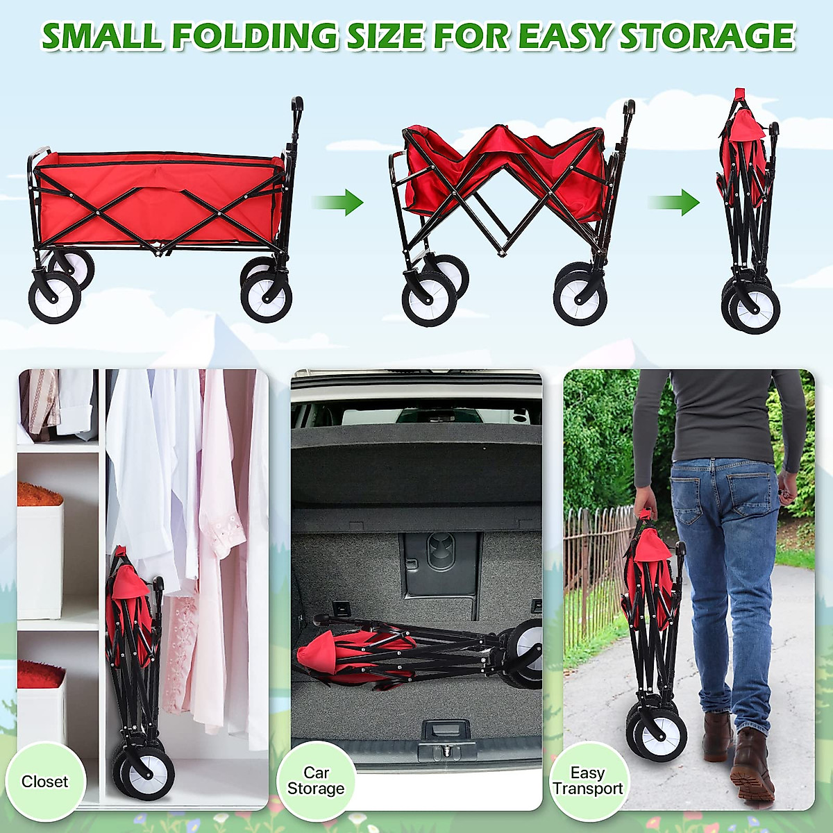 HKLGorg Folding Wagon with Wheels - Heavy Duty Beach & Outdoor Grocery Wagon, Portable & Collapsible Utility Wagon with Handle for Camping, Red