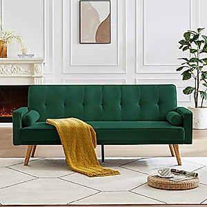Verfur Button Tufted Futon Sofa Bed,Fabric Upholstered Convertible Loveseat Couch,Soft Small Sofa & Couches for Compact Living Space Sofabed, Green w/ 4 Wooden Legs and 1 Metal Legs