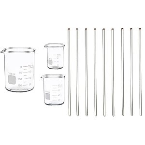 Glass Measuring Low Form Beaker Set 50ml 100ml 250ml 9pcs Glass Stir Sticks Glass Stirring Rod 12" Long 1/4'' Diameter