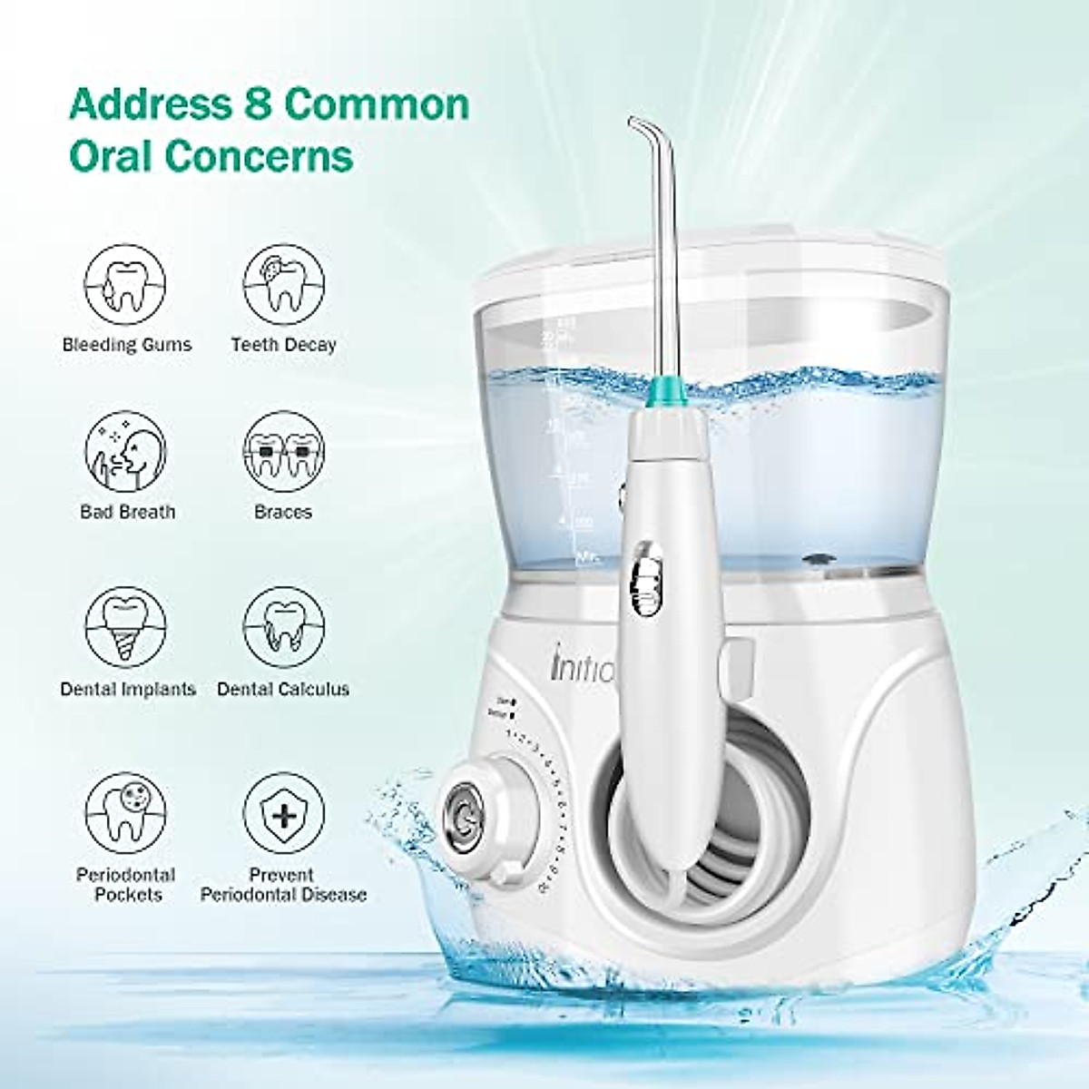 Initio Water Dental Flosser 2 Modes, 10 Adjustable Modes,Oral Irrigator with 600ML Detachable Water Tank, 6 Multifunctional Jet Tips,Water Dental Pick for Braces Care,Teeth Cleaner,White