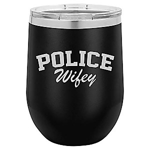 MIP Brand 12 oz Double Wall Vacuum Insulated Stainless Steel Stemless Wine Tumbler Glass Coffee Travel Mug With Lid Police Wifey (Black)