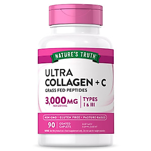 Nature's Truth Collagen Peptides | 90 Caplets | Type 1 and 3 with Vitamin C | Grass Fed, Non-GMO and Gluten Free Pill Supplement