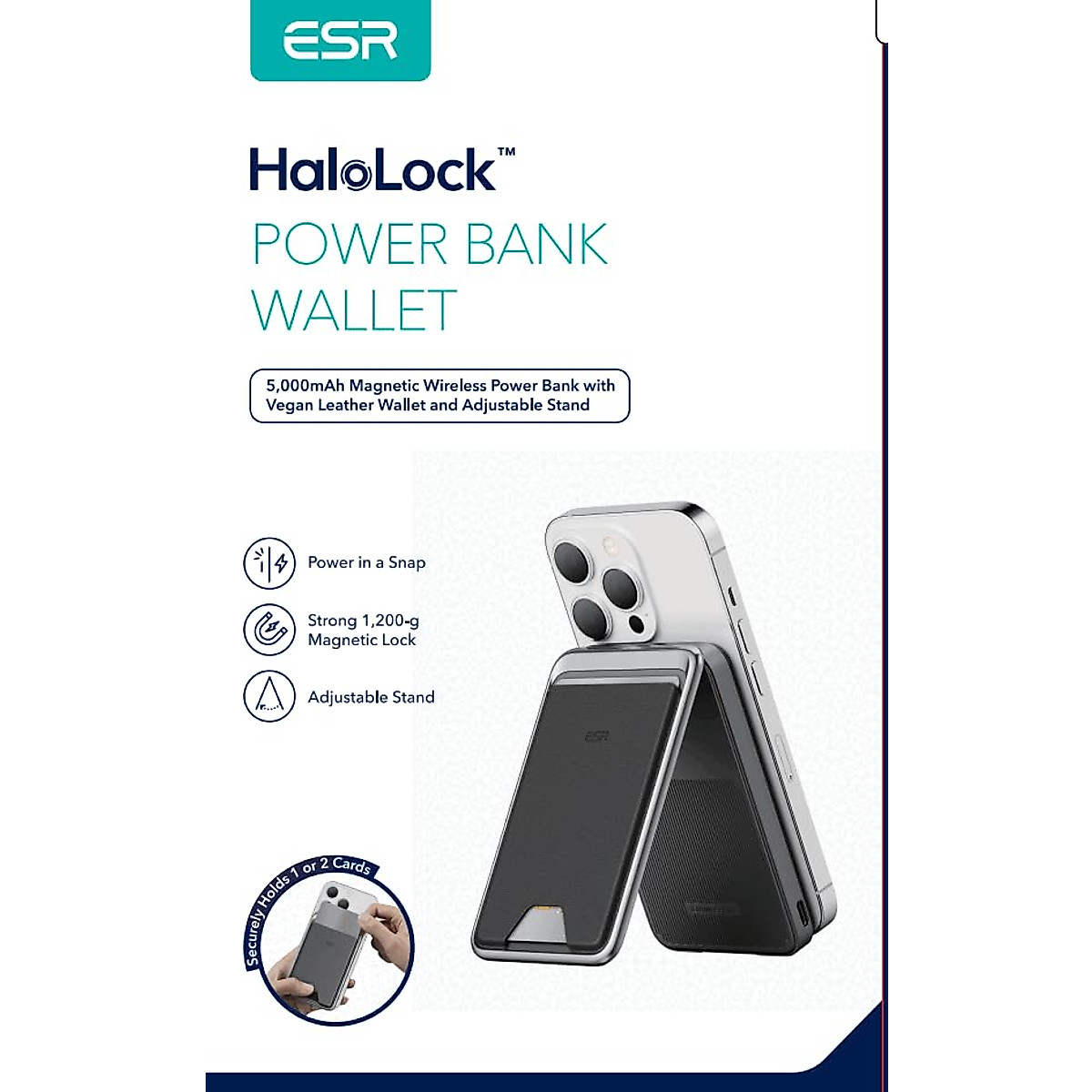 ESR 5,000mAh Wireless Power Bank Wallet with USB-C Cable (HaloLock), Compatible with MagSafe Battery Pack, Wireless Portable Charger, Magnetic Wallet for iPhone 15/14/13/12 (Except 13/12 Mini), Black