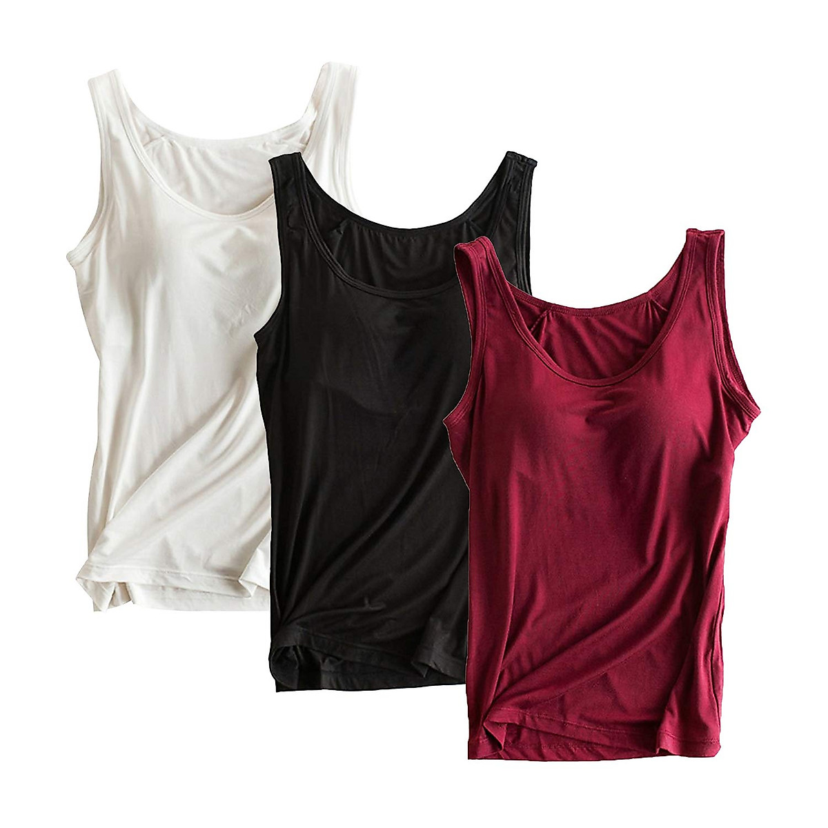 Women's Camisole Built-in Shelf Padded Bra Cami Top 3 Pack, M(Black, Maroon, White)
