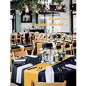 LOKUME 6 Pack Round Plastic Tablecloth 84" Black Disposable Table Covers Waterproof Circle Party Table Cloths for Round Tables and 6 Pack 12"x108" Gold Satin Table Runners for Parties Birthday Picnic