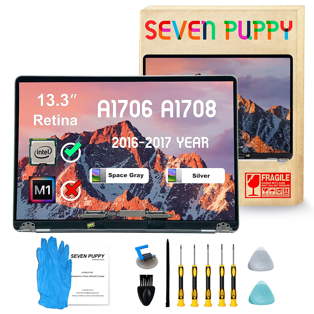 seven puppy Replacement Screen 13.3" Compatible for Pro Retina A1706 A1708 2560x1600 Late 2016 Mid 2017 EMC 3071 EMC 3163 EMC 3164 Full LCD LED Screen Assembly Display (Space Grey)