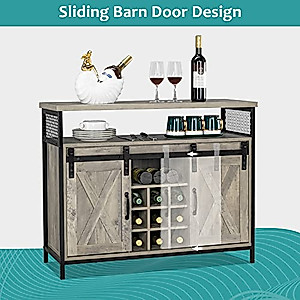 VINGLI Farmhouse Barn Door Buffet Sideboard Accent Storage Liquor Cabinet w/Removable 9-Bottle Wine Rack, Rustic Wine Cabinet Home Bar Furniture for Kitchen Dining Room (Wash Grey)