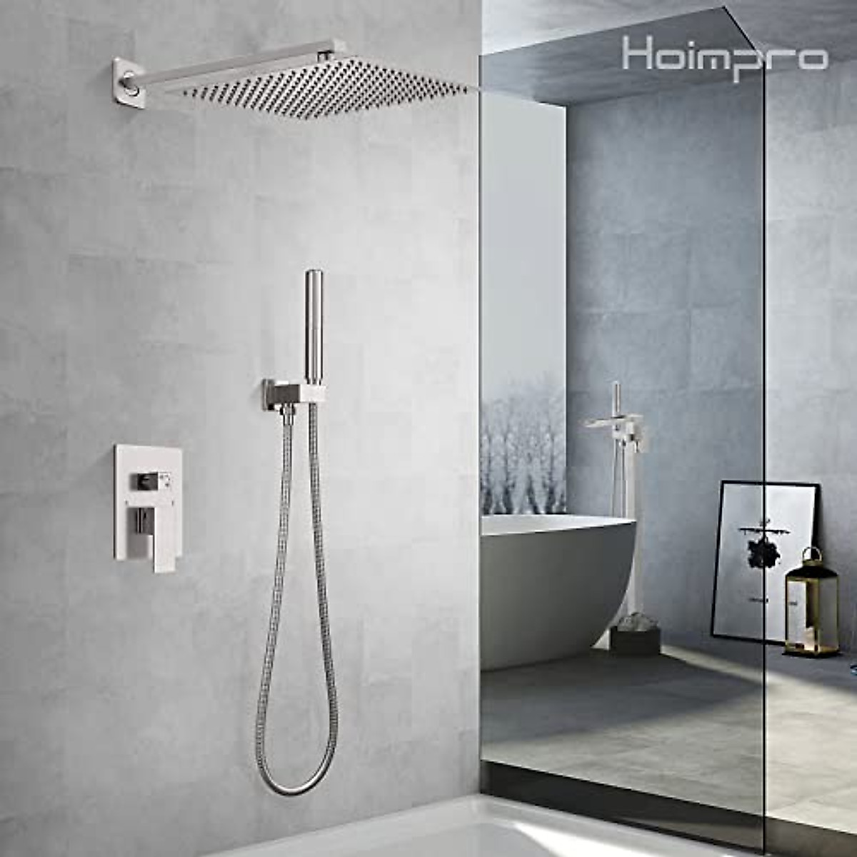 Hoimpro Shower System set with 12 Inch Bathroom Rain Mixer Shower Head and Handheld Wall Mounted, Rainfall Shower Faucet Fixture Combo with High Pressure 2 in 1 Handheld Showerhead, Brushed Nickel
