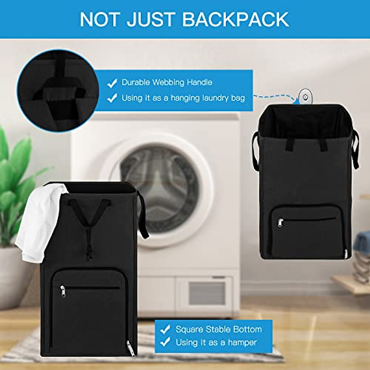 Laundry Backpack Bag, Bukere Extra Large 2 in 1 Laundry Hamper Basket for College Students Dorm Essentials, Adjustable Shoulder Straps, Freestanding Laundry Bag for Apartment, Laundromat, Travel
