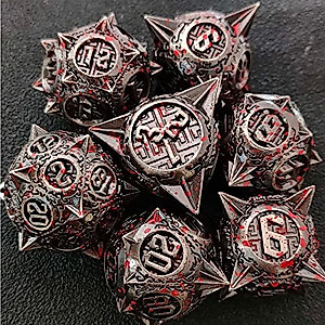 Metal DND Dice Set, Round Tip Dice 7 Polyhedral Dice, Mtg Pathfinder D20 Set for Rpg Roleplaying Dice Game D20 Free Leather Storage Bag Bloodstains