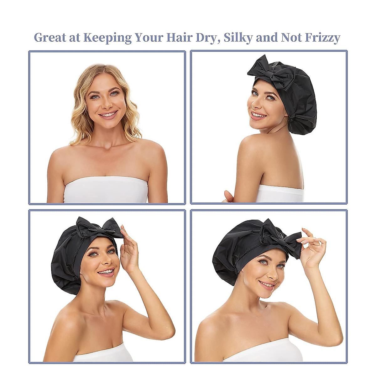 Aibilye Womens Black Shower Cap for Long Hair Extra Large Washable Reusable Waterproof Bathing Hair Cap Adjustable Elastic Band for All Hair Lengths