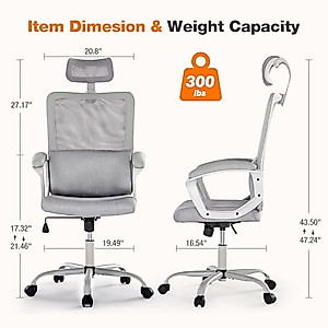 Sweetcrispy Ergonomic Home Office Desk Chair, Mesh Swivel Rolling Computer Chair with Adjustable Headrest, Soft PU Armrest, and Lumbar Support