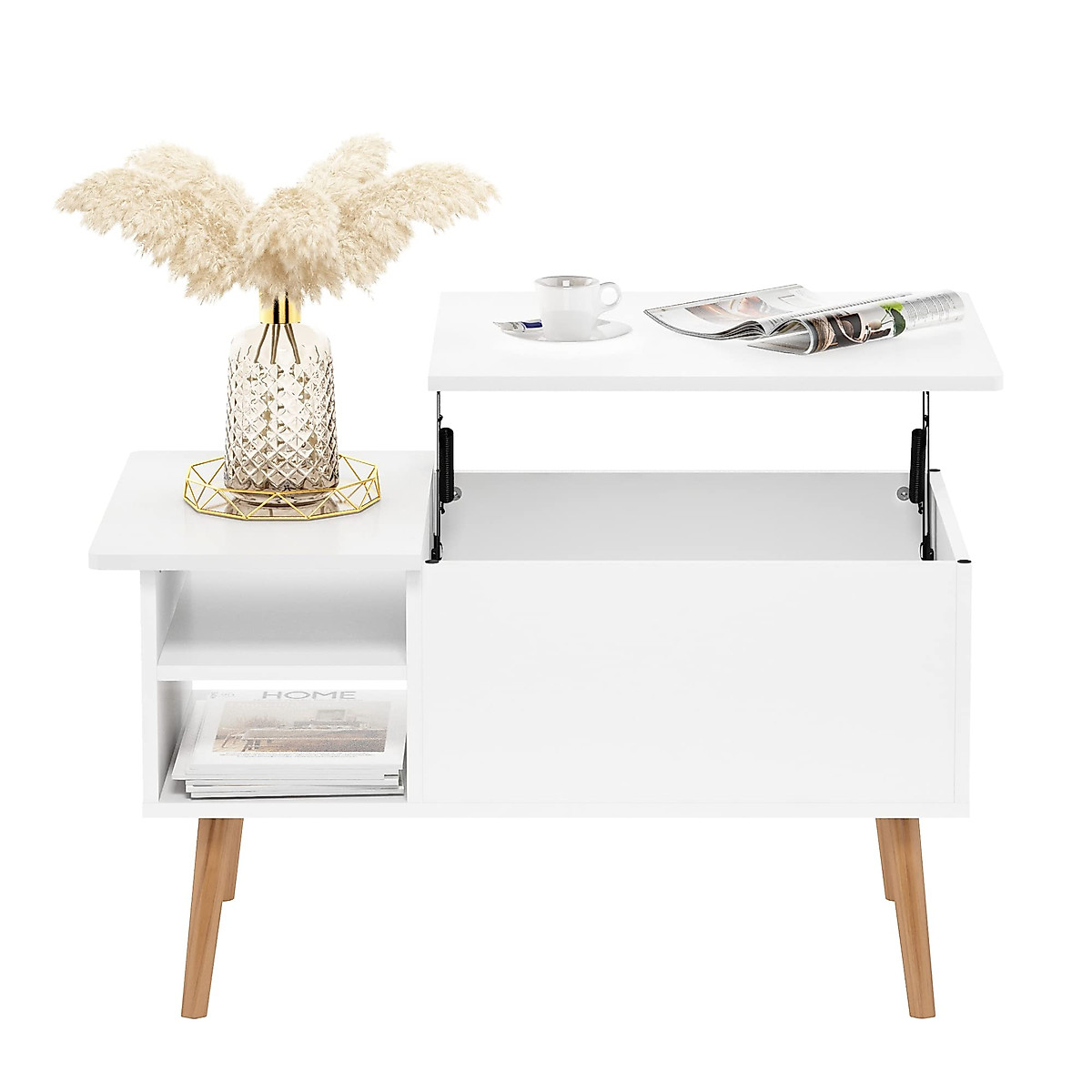 Furinno Jensen Living Room Wooden Leg Lift Top Coffee Table With Hidden Compartment and Side Open Storage Shelf, Solid White