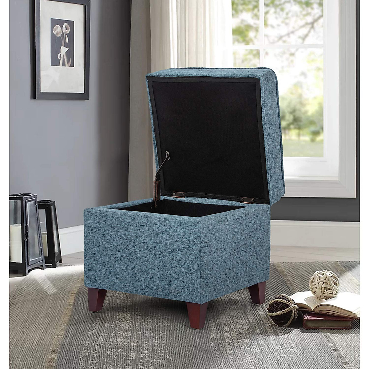 Adeco 17" Square Ottoman with Storage- Small Storage Ottoman Foot Rest with Hinged Lid- Blue Faux Linen Fabric Upholstered Footstool with Sturdy Wood Legs